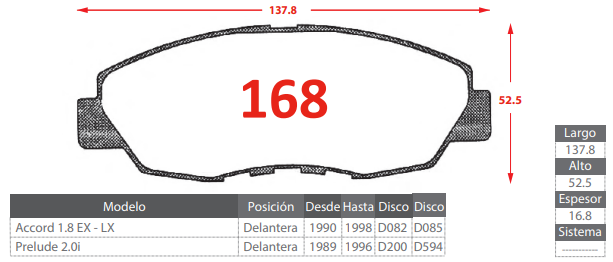 PASTILLA DE FRENOS DELANTEROS HONDA ACOORD 1.8 EX/ PRELUDE 2.0i ...