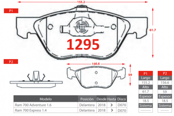 PASTILLAS DE FRENOS DELANTERAS DODGE RAM 700 ADVENTURE/RAM 700 EXPRESS ...